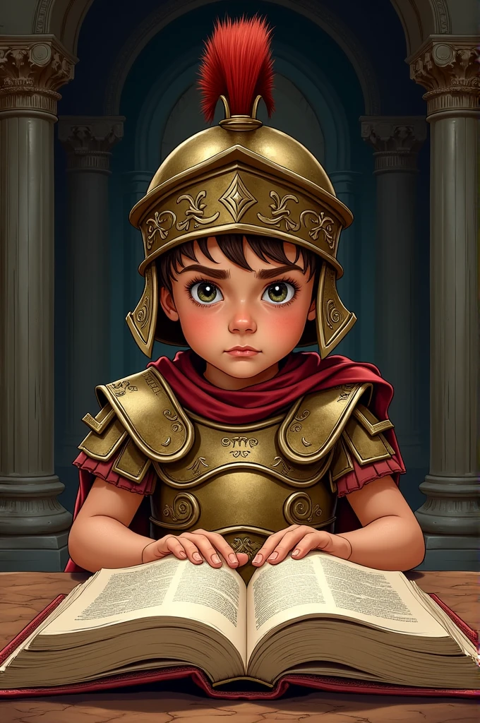 A young boy in Roman style armor reading the bible in a serious comic ...