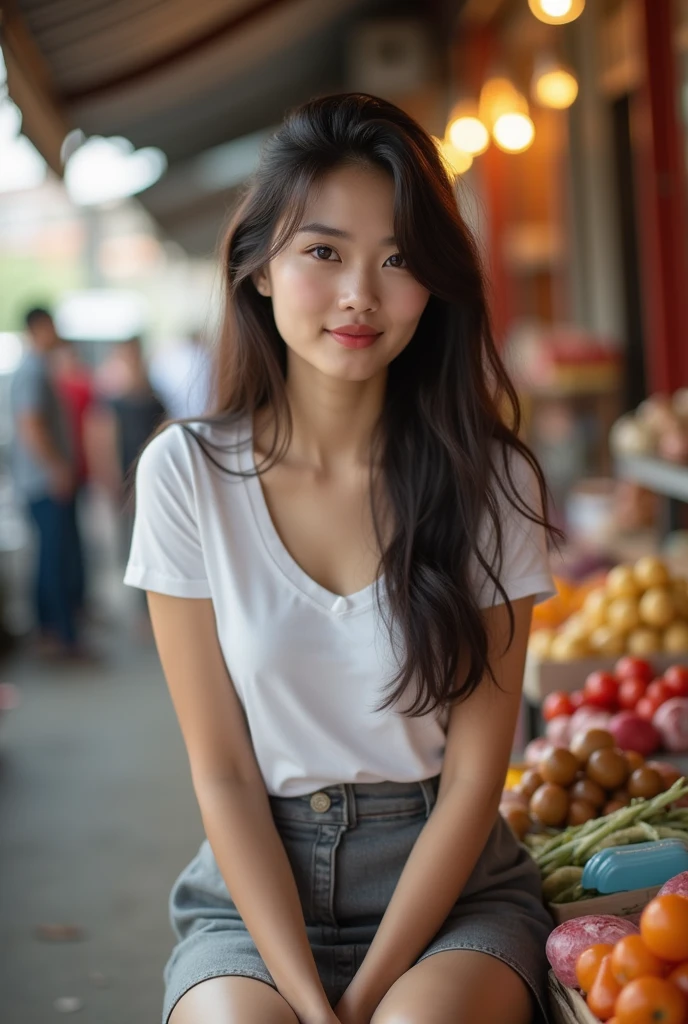 NSFW, (beautiful asian woman sitting on a crowded street market - SeaArt AI