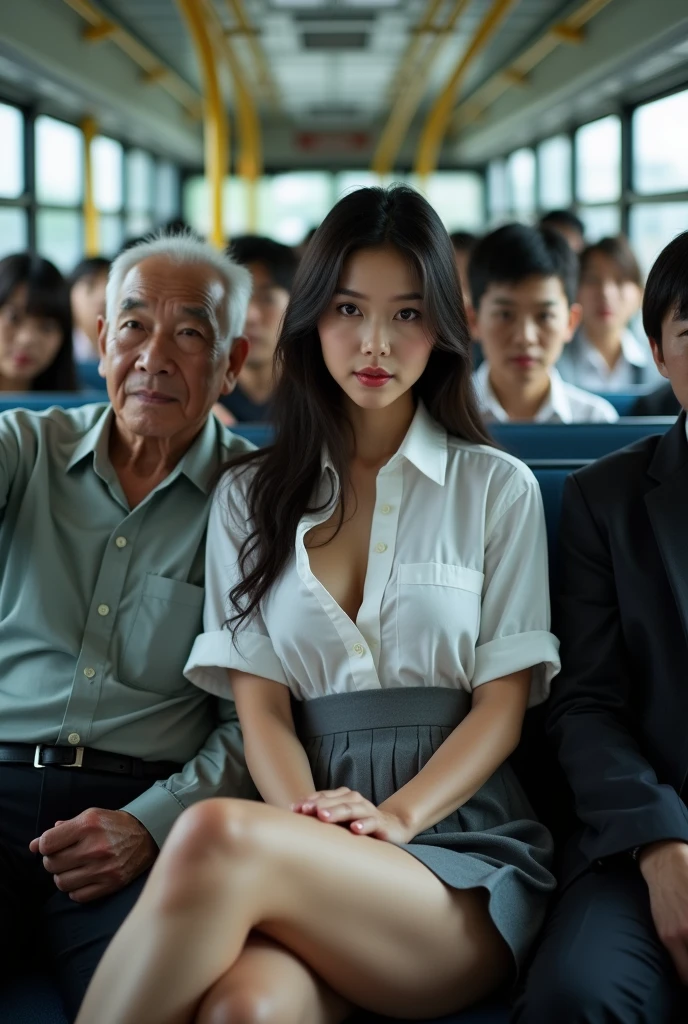 NSFW, (beautiful asian woman sitting beside old man on a crowded bus - SeaArt AI