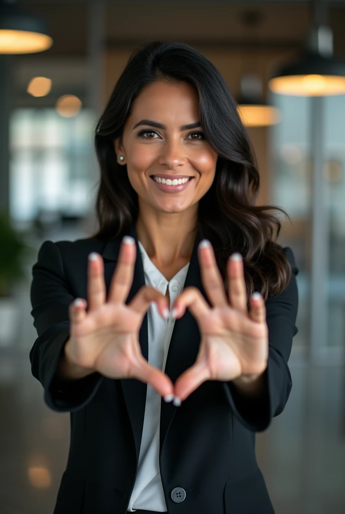 A Brazilian woman in a corporate environment making the letter B with ...