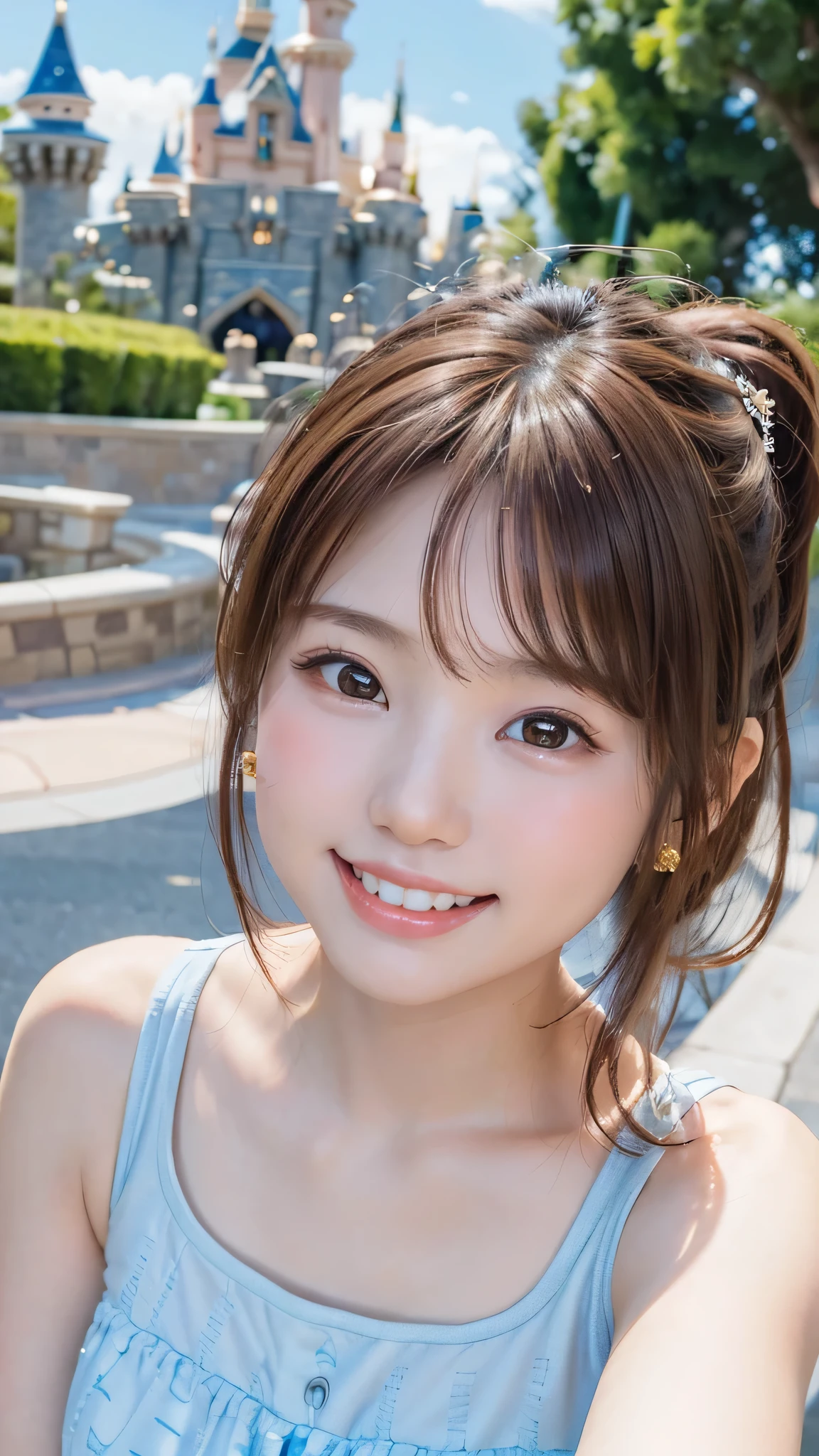 A close up of a young girl in a blue dress in front of a castle - SeaArt AI