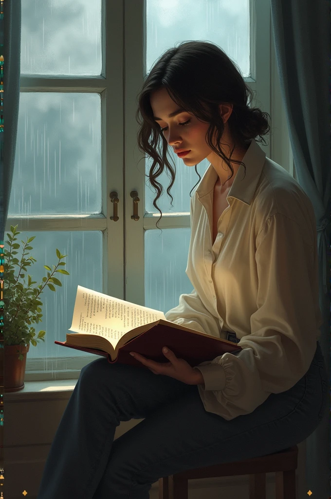 Women ditting and reading book while its raining - SeaArt AI