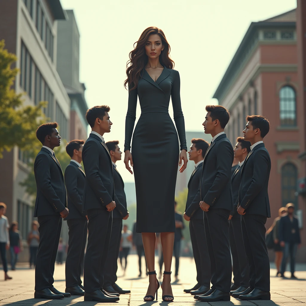 Tall girl with a bunch of short men walking in a university campus ...