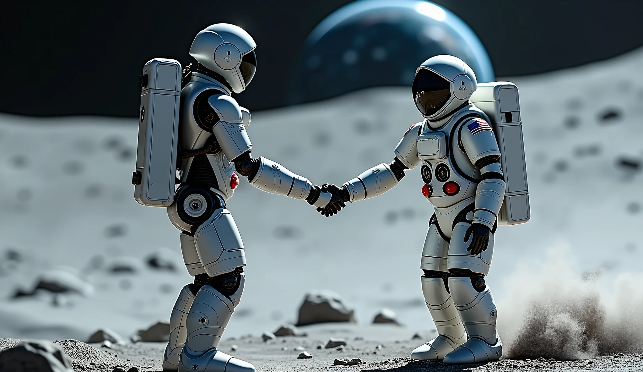 They are shaking hands on the moon with a blue planet in the background ...