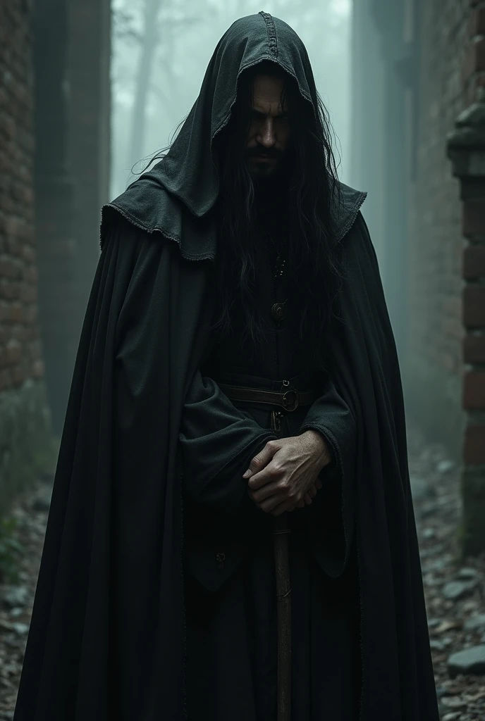 Man in black robe, medieval with long black hair, grimdark, and subtle ...