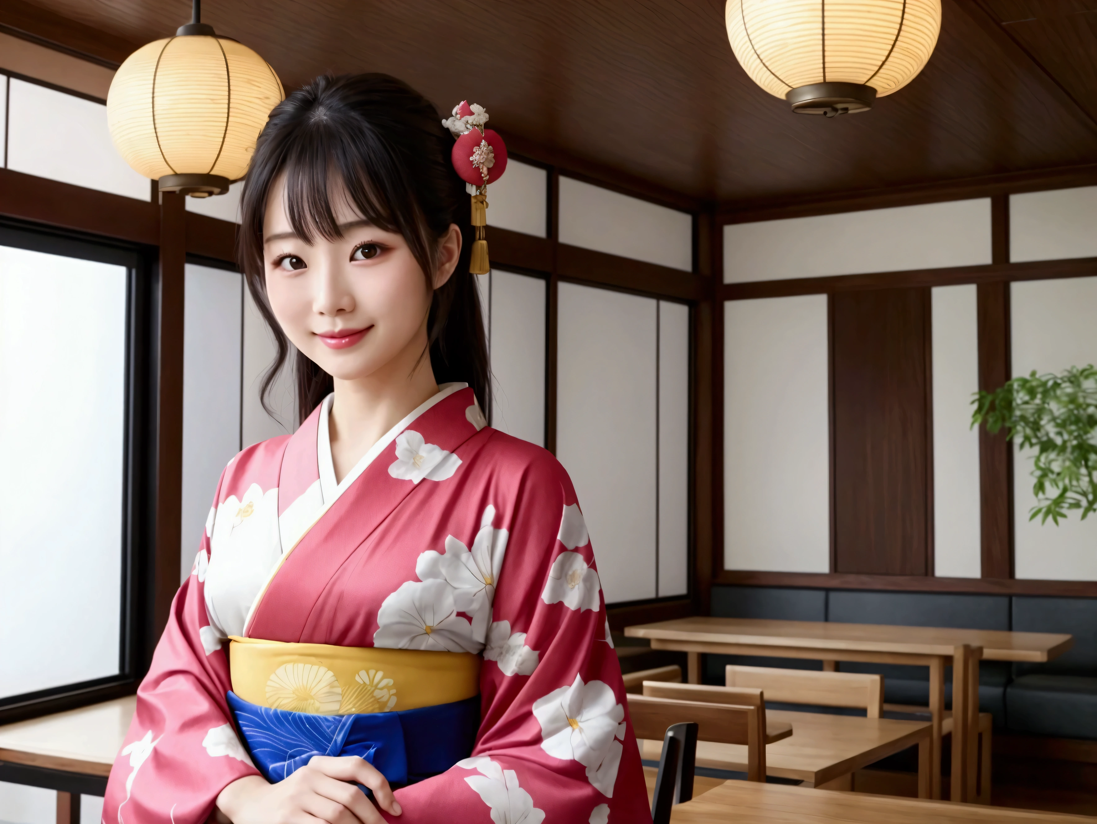 Araffe woman in a kimono dress standing in a restaurant - SeaArt AI
