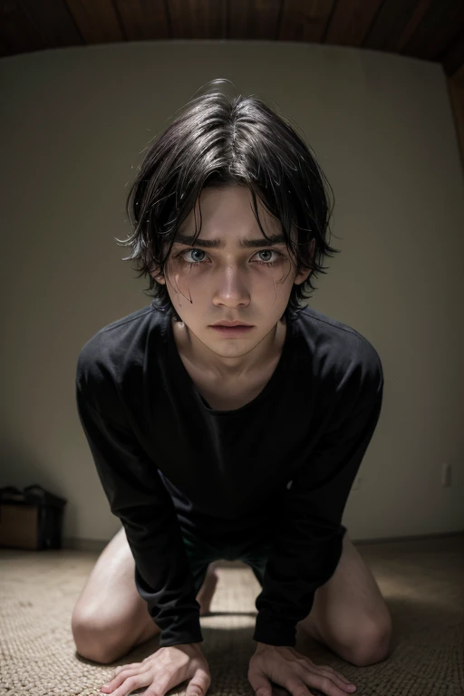 Submissive boy, green eyes open, kneeling on the floor, Crying through ...