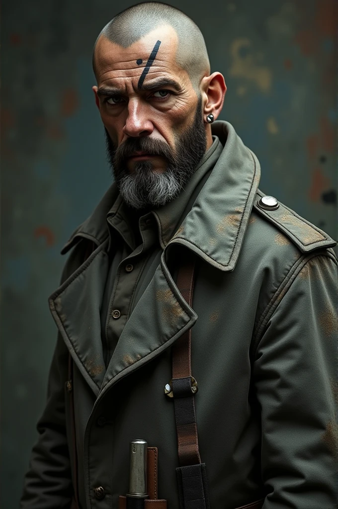 Man in his thirties with shaved head, with mustaches and side whiskers ...
