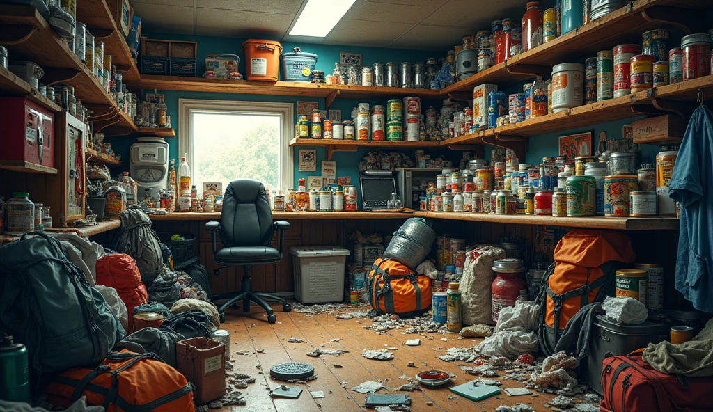 A messy room shelves full of camping equipment, food and water supplies ...