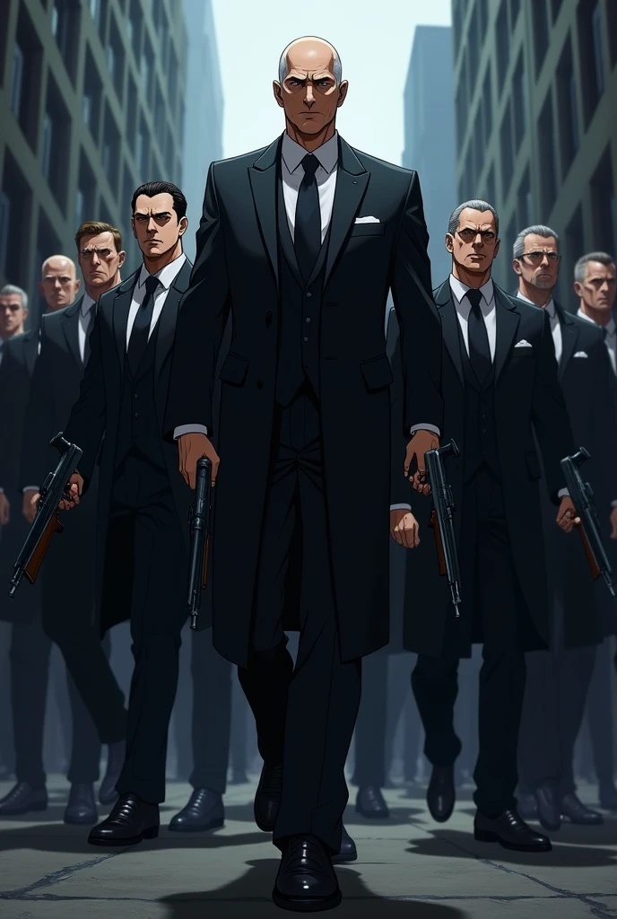 The mafia boss surrounded by his soldiers wearing a black suit - SeaArt AI