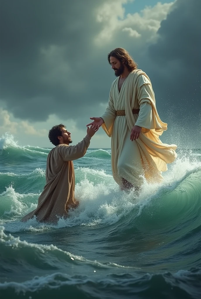 Jesus on the water holding the hand of Peter who is sinking - SeaArt AI