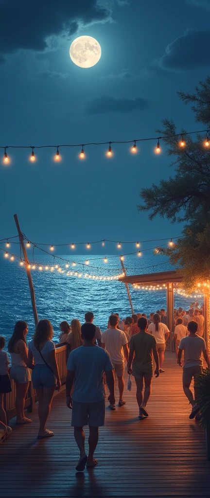 Summer Pier, at night, illuminated with string lights, people - SeaArt AI