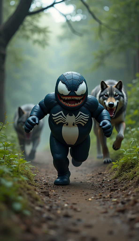 This image shows an adorable little Fat Venom boy running scared down a ...