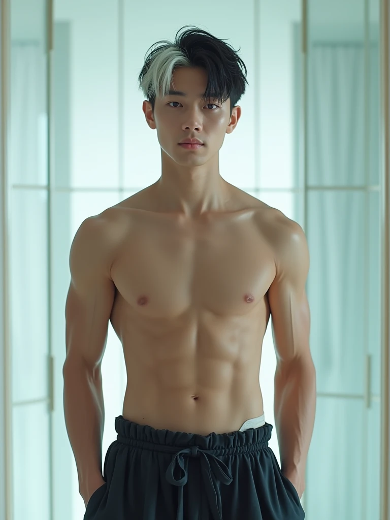 Young man(20)Two blocks of white hair Jinbe, Wearing only Jinbei pants ...