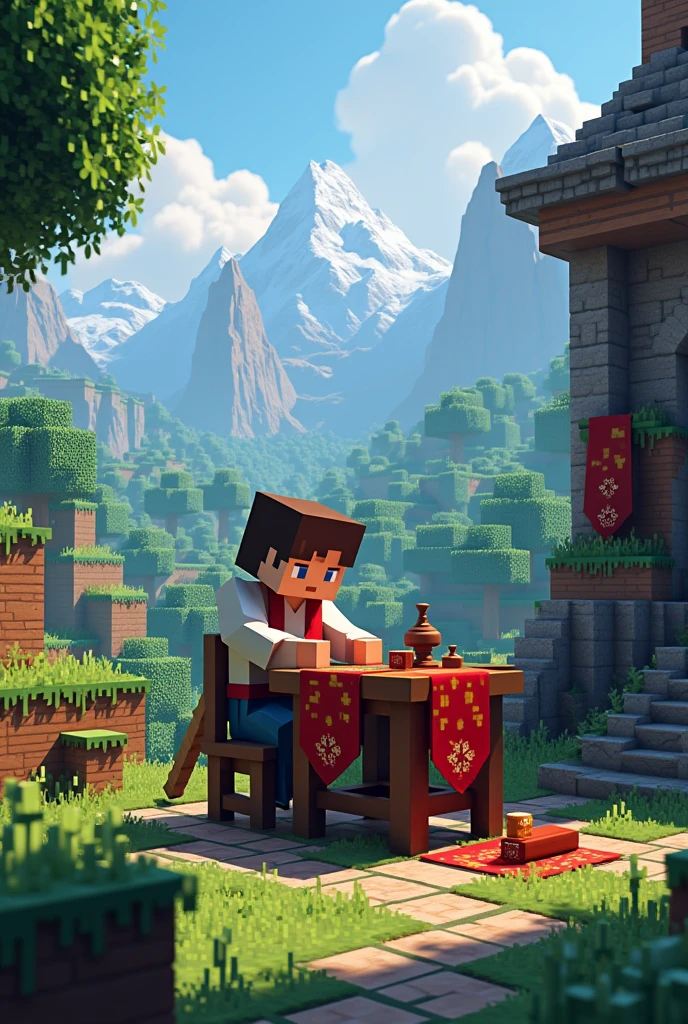 Medieval minecraft world with a minecraft player tailoring up cloth ...