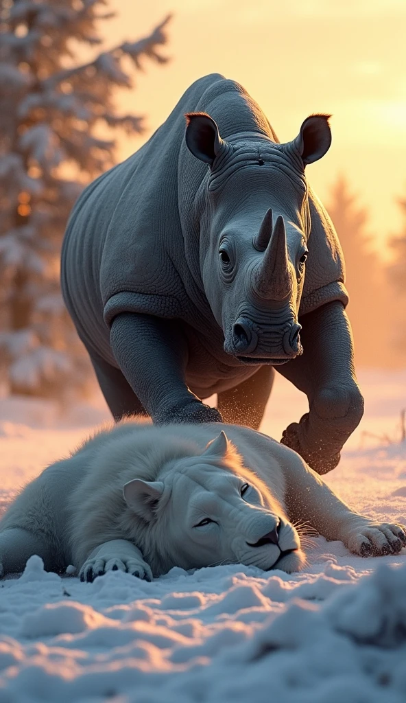 A powerful, massive rhino stands triumphantly on a snowfall white ...