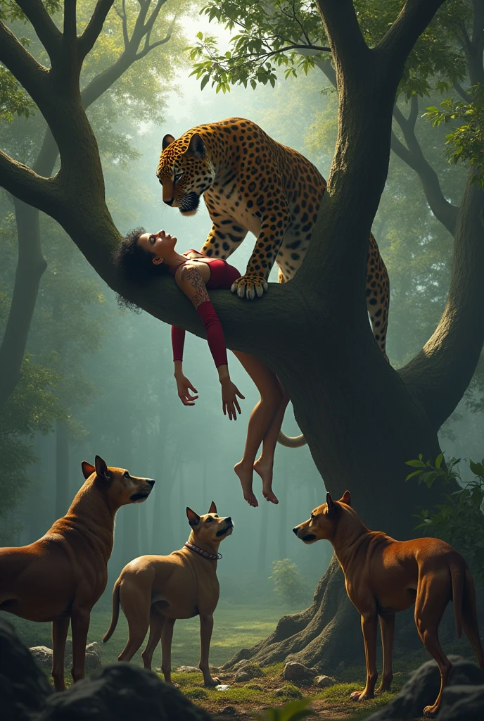 Greyhound dogs attacking a jaguar that is in a tree and has in its ...