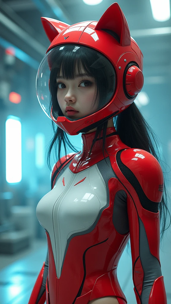 (wide lens effect), ( ASUKA Plugsuit, eva helmet,plugsuit, red - SeaArt AI