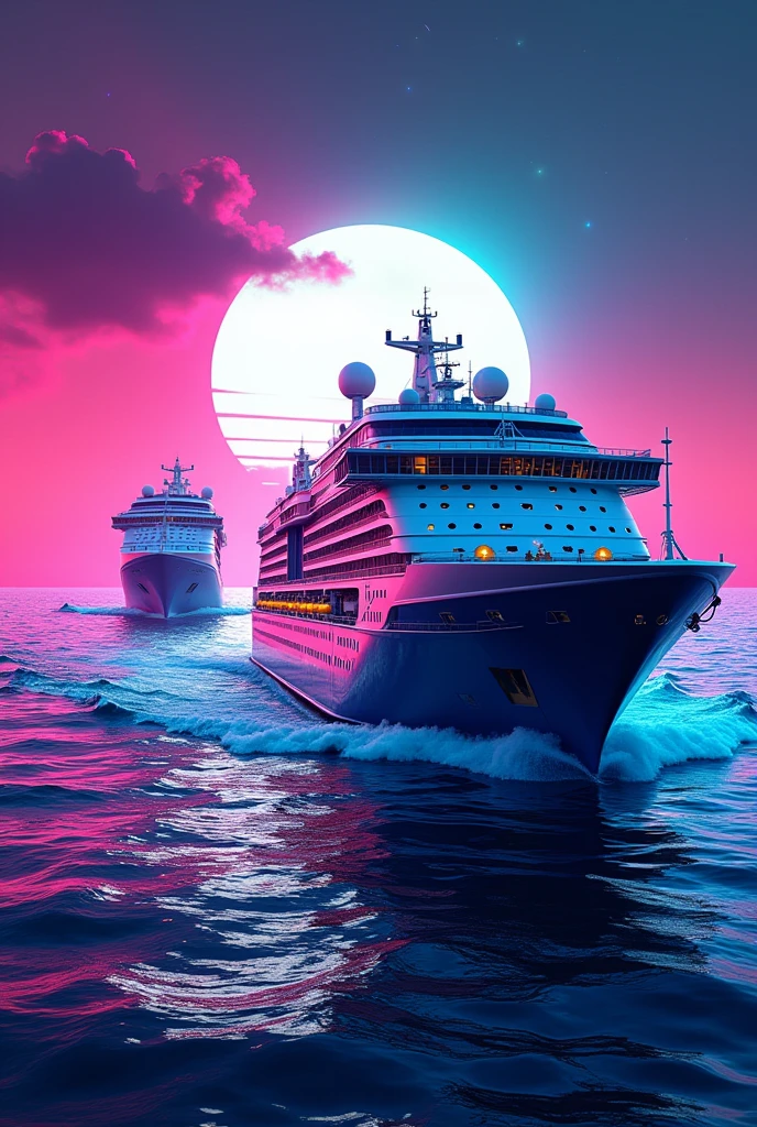 I need an unique sythwave artwork with two Cruise ships - SeaArt AI