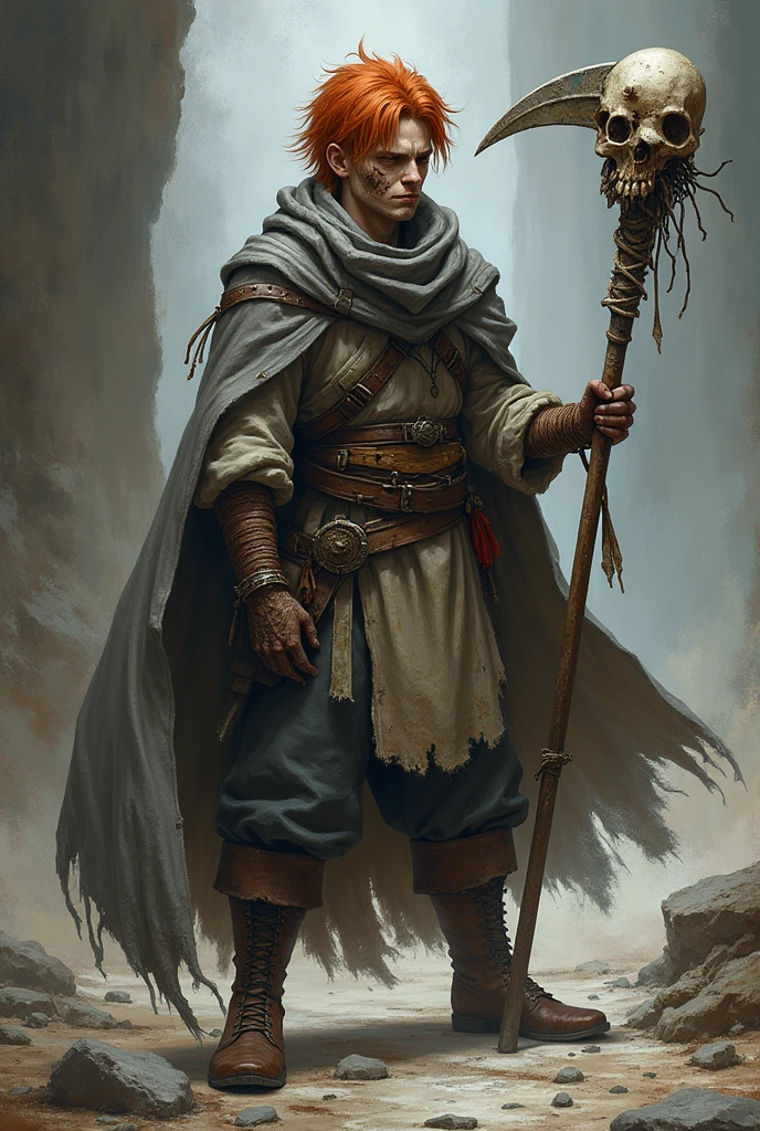 Young male, medium red hair, gray damaged cloak, warlock, holding one ...