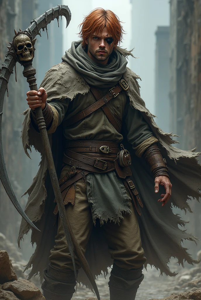 Young male, medium red hair, gray damaged cloak, warlock, holding one ...