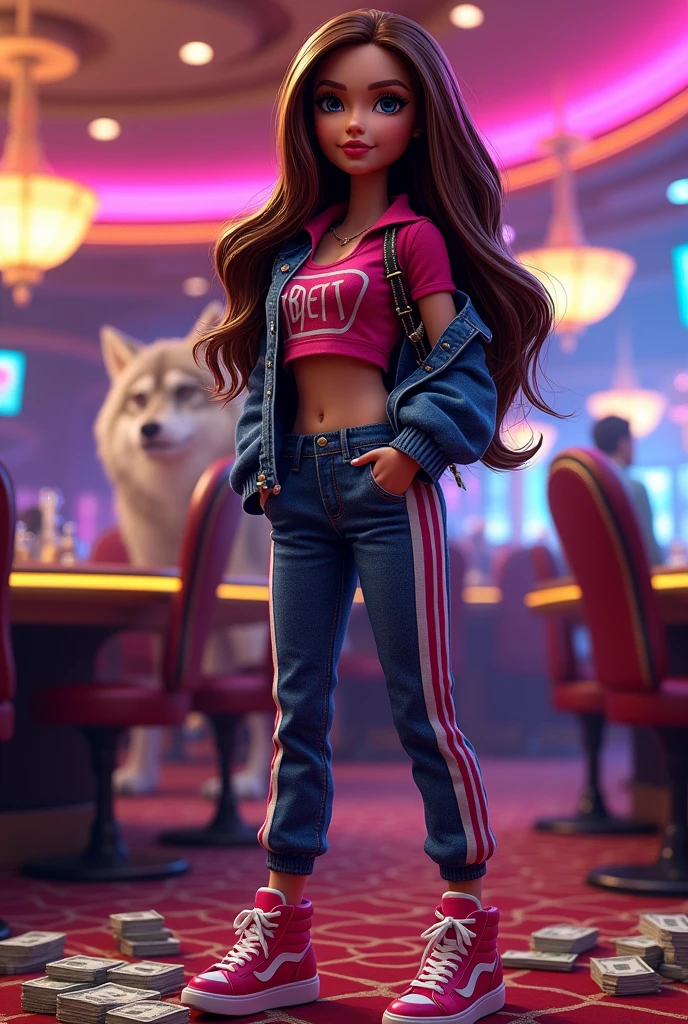 A Bratz with wavy brown hair in a casino with a wolf and lots of money ...