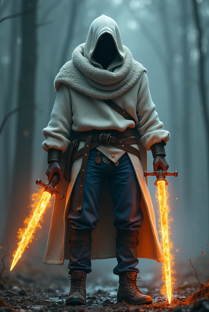A faceless warrior and only his hand and eyes are burning and sword too ...