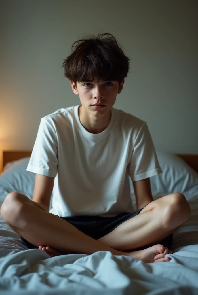 Photo of a 16 year boy sitting on the bed in the bedroom - SeaArt AI