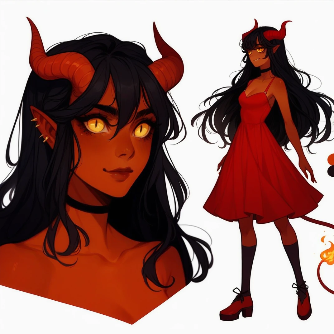 Beautiful devil woman with golden cat eyes and red skin with red horns ...