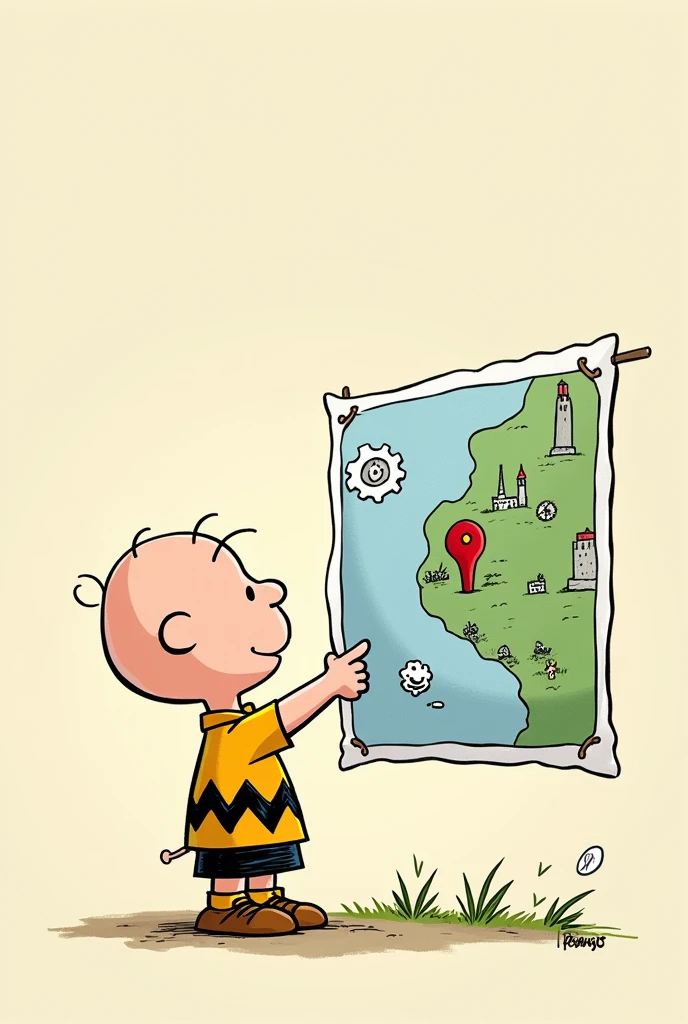 Charlie Brown pointing to a point on a map. animated comic - SeaArt AI