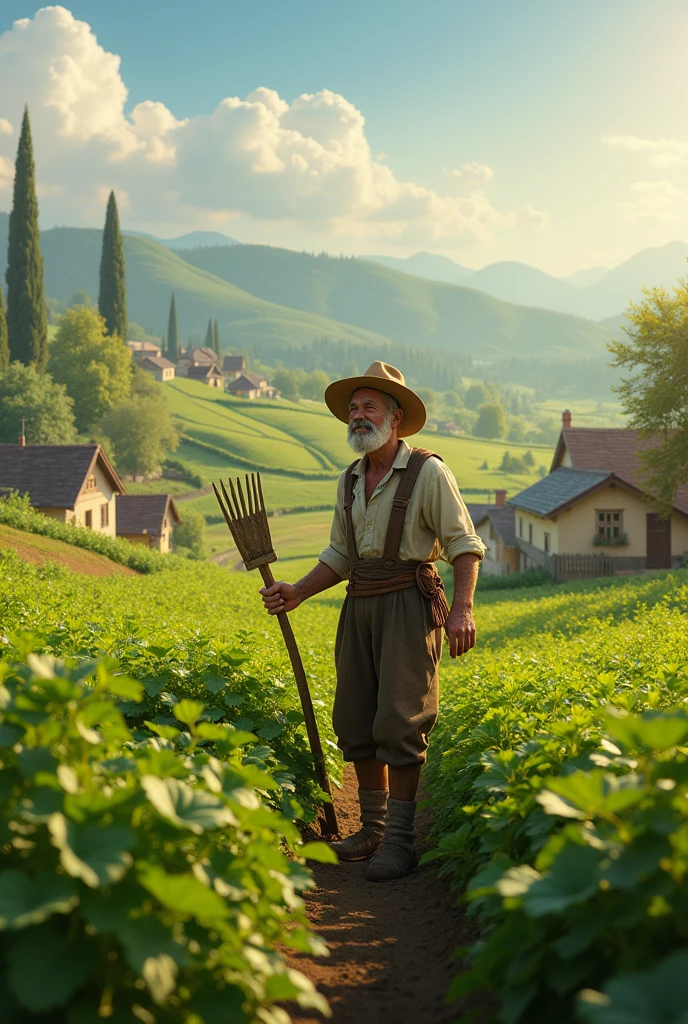 The farmer’s field and the village.Action: The farmer is now seen ...