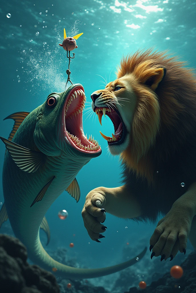 Angler Fish and Lion fight scene - SeaArt AI