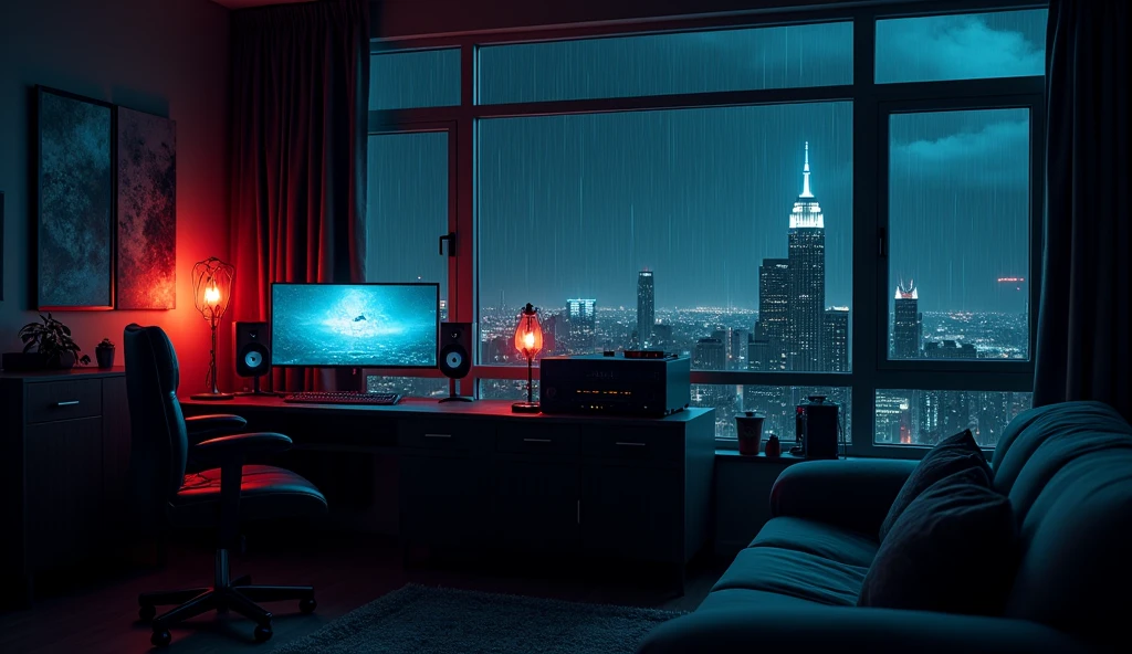 Room D'music room,Dark Room, night, computer, keyboard, Auricular ...