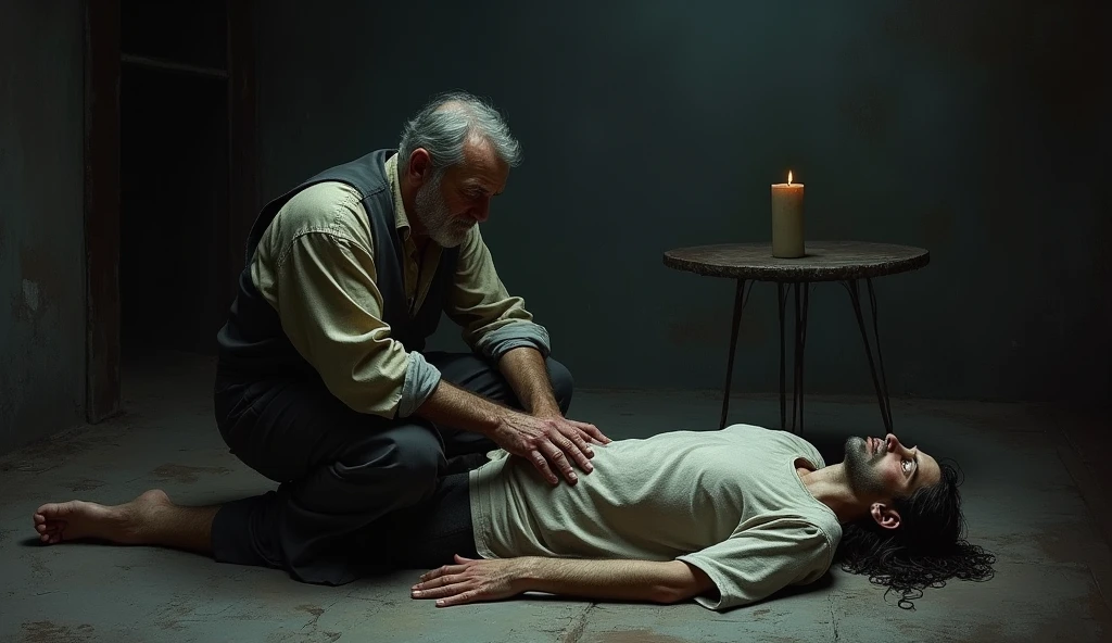A man sitting besides a dead body. - SeaArt AI