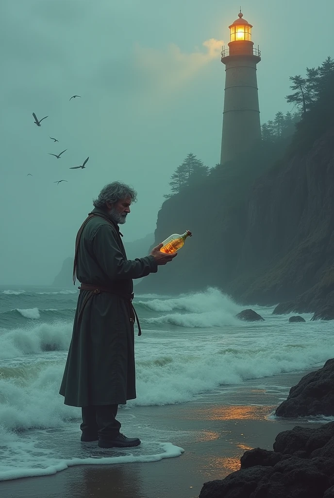 A lonely lighthouse keeper discovering a message in a bottle - SeaArt AI