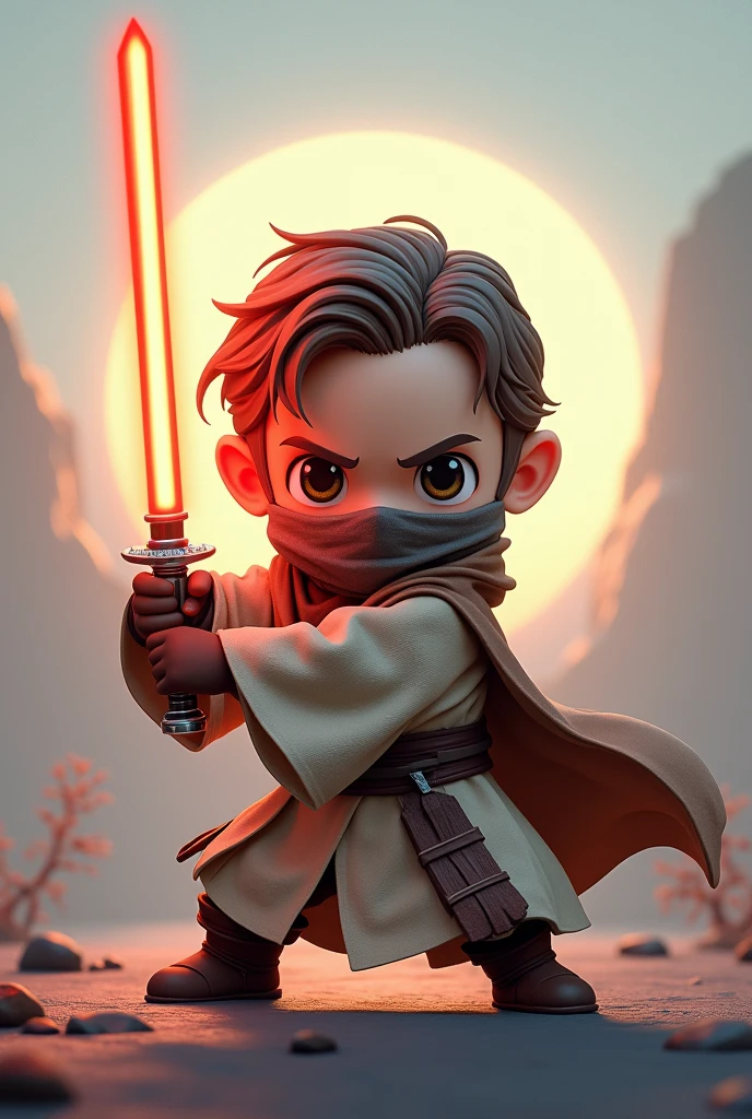 3d chibi style kenobi wan shinobi, in a sword-fighting stance - SeaArt AI
