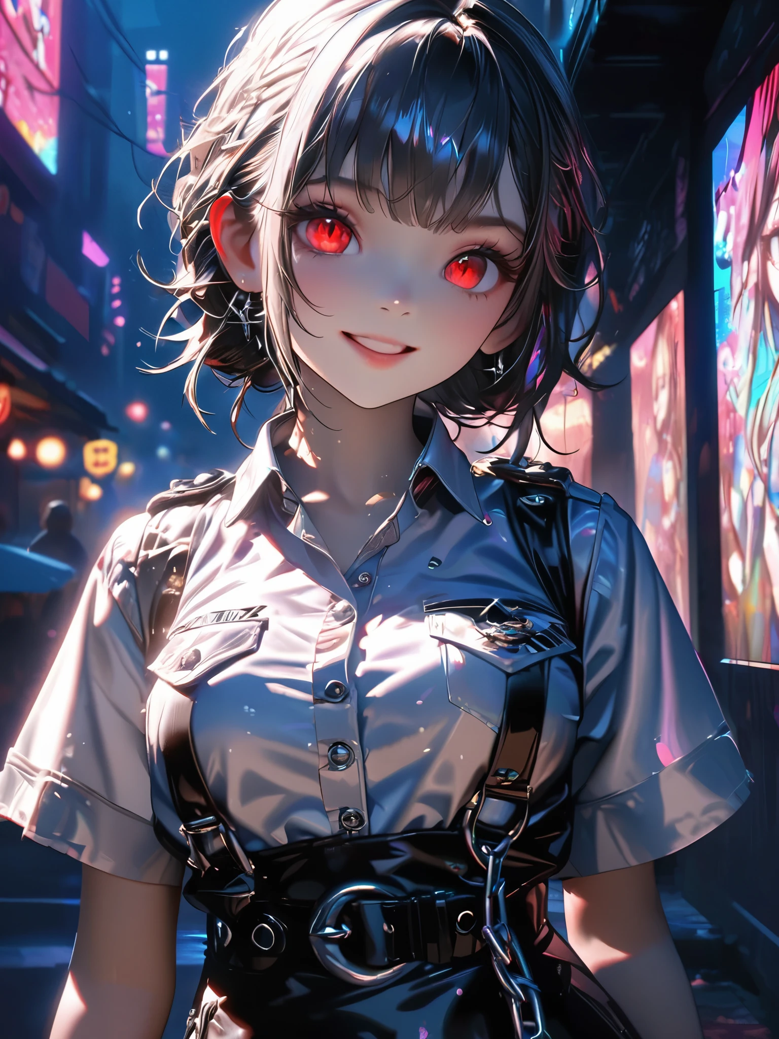 Anime girl with red eyes in a city street - SeaArt AI