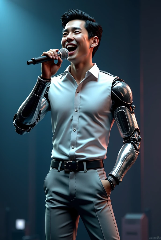 A model of a singing robot holding a microphone, has the same ...