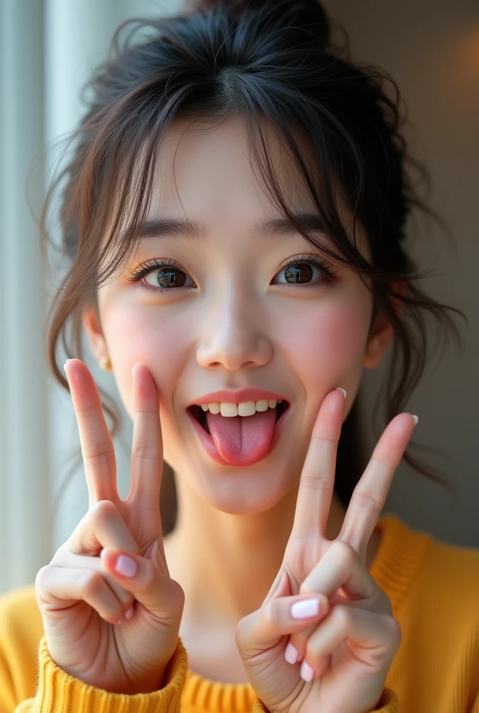 A Korean woman making a peace sign with her tongue out and eyes rolled ...