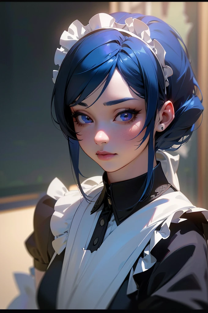 A beautiful maid with blue hair and black highlights, extremely ...