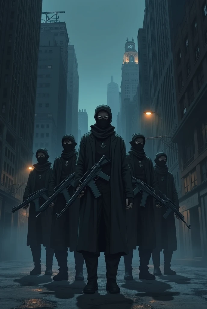 Create a group of bandits on an urban street. They are armed with ...