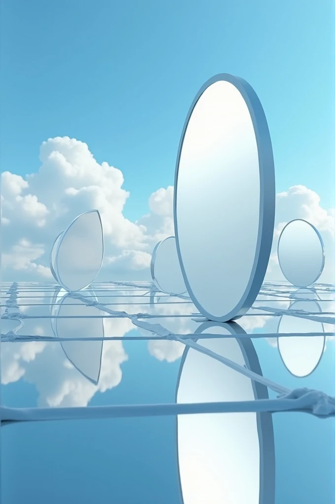 A space in which seven mirrors are shown from different angles that ...