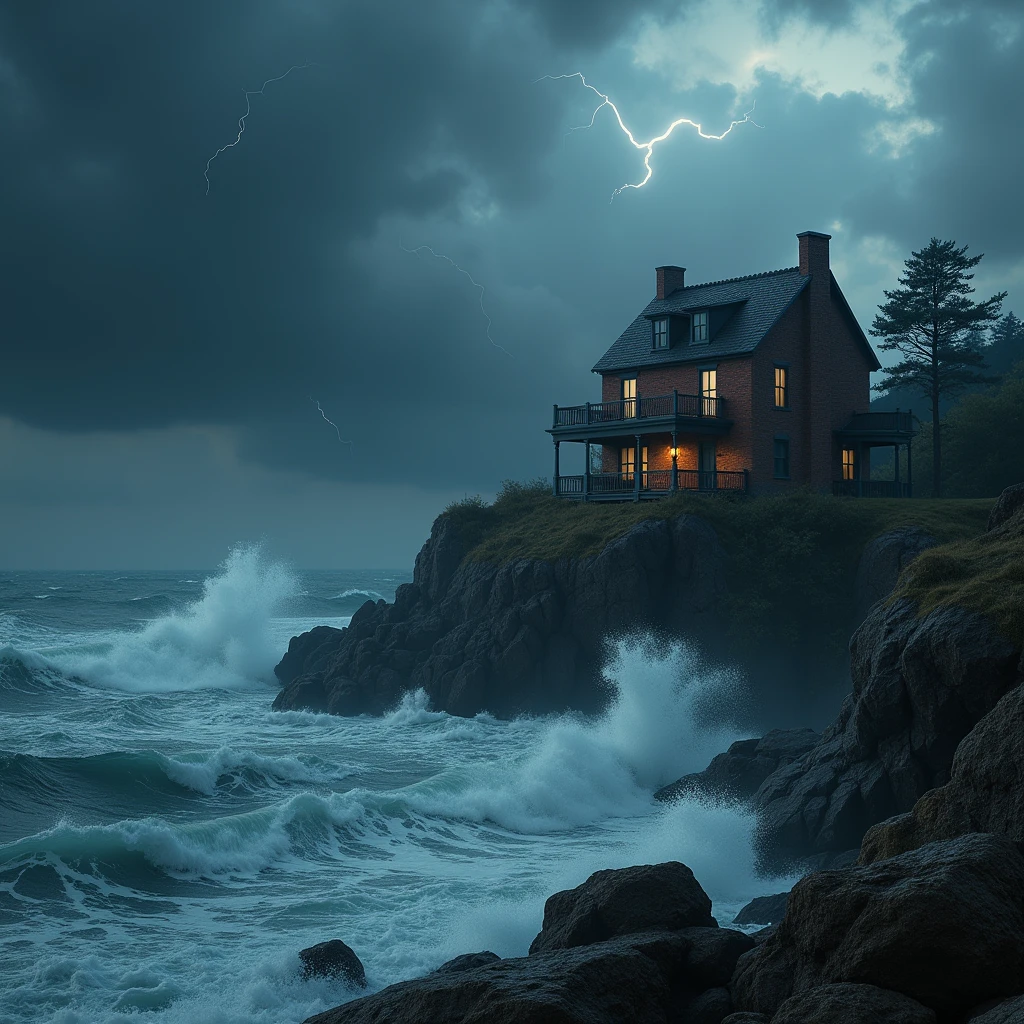 A brick house on rocky cliff, raging storm, dark cloudy sky, heavy rain ...