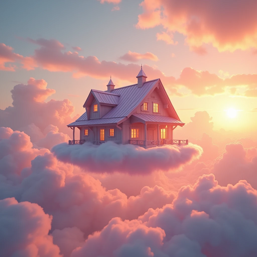 A floating house on a cloud, intricate details, beautiful sunset sky ...