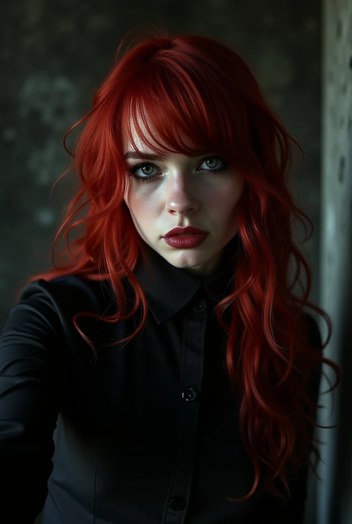 1 redhead Brazilian goth woman taking a selfie in dark room with ...