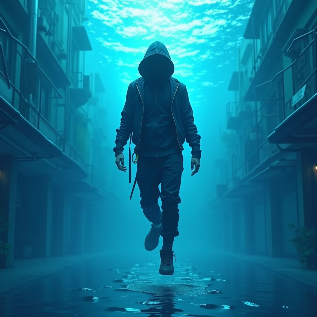 ARTWORK of a ninja underwater swearing urban clothes blue background ...