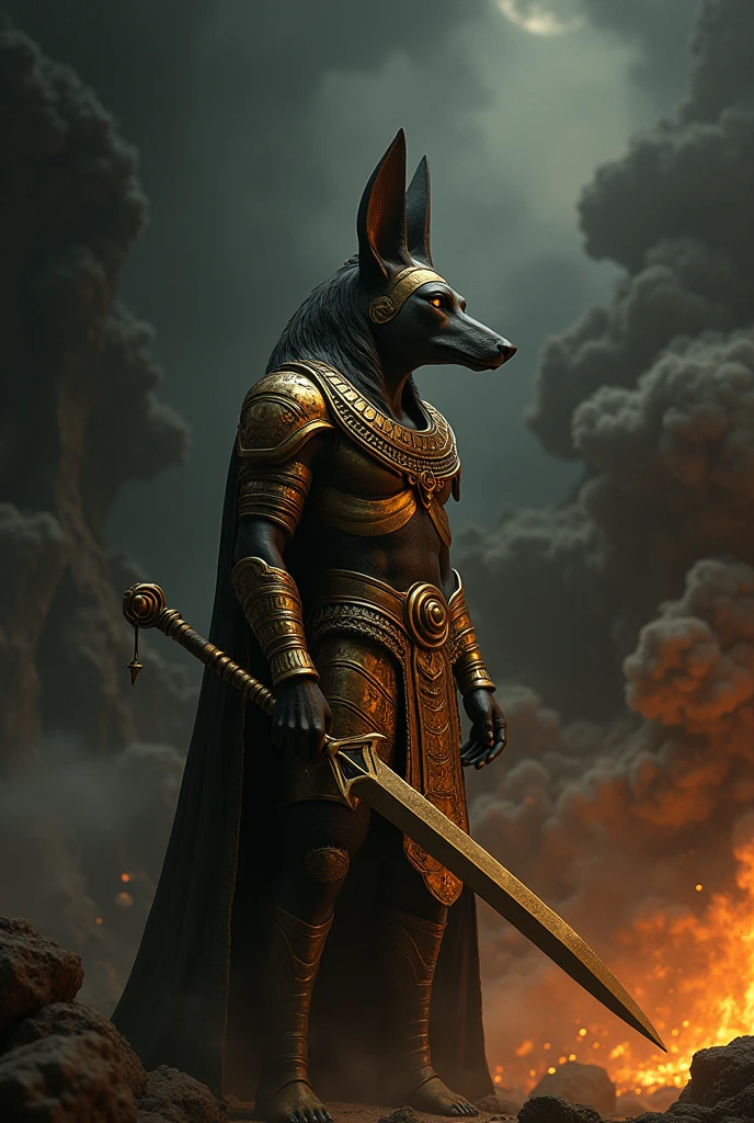 Anubis with a gold-bronze khopesh side profile with dark hell ...