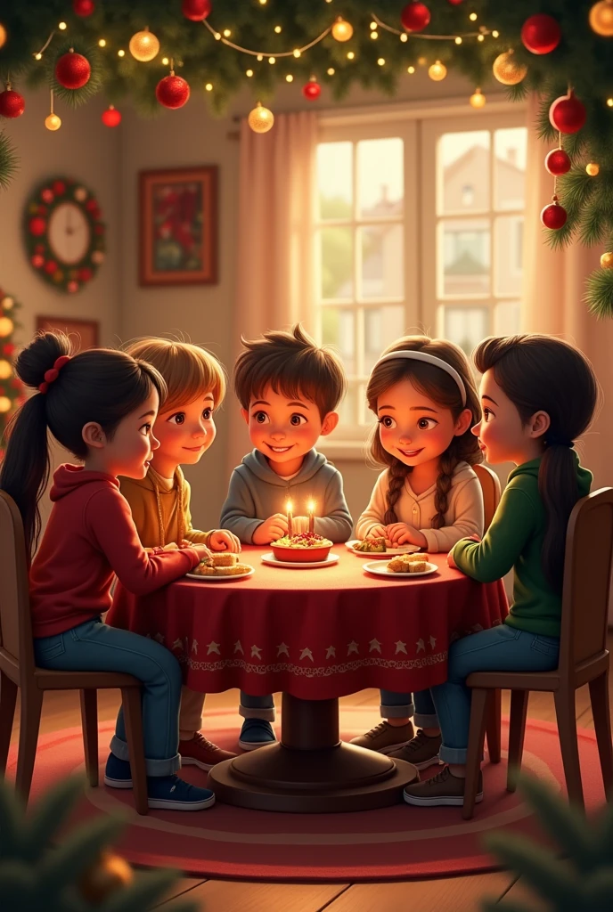 Create an image of 1 1 boy and 5 girls sitting around a round table ...