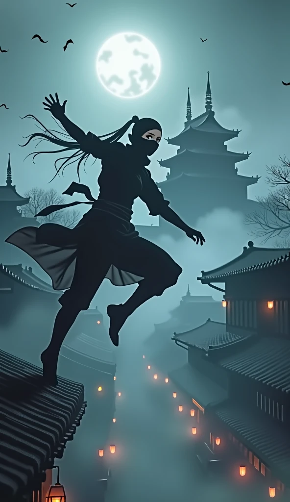 (big jump to the rooftop:1.3), Japanese traditional Kunoichi - SeaArt AI