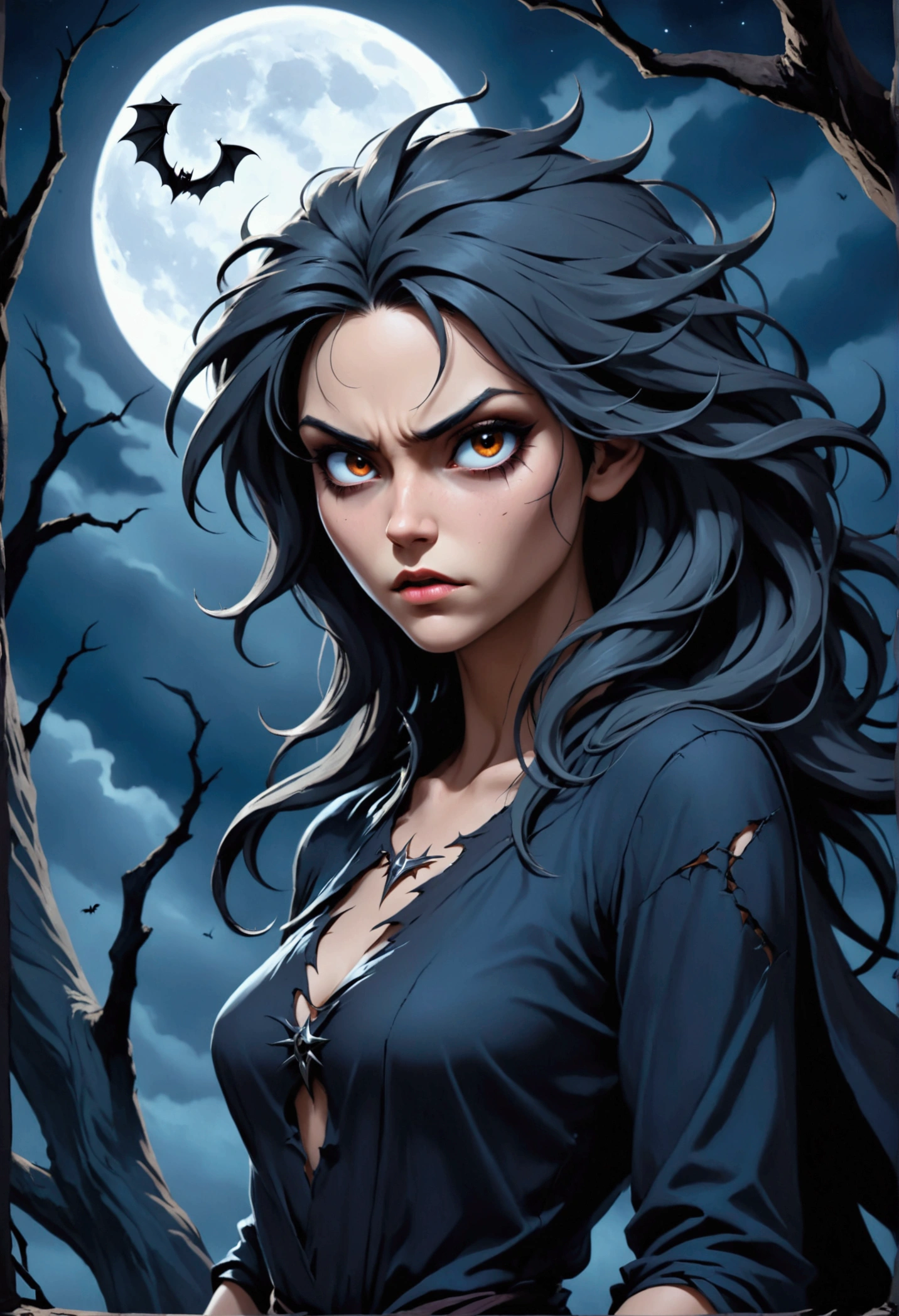 Threatening, disheveled long hairs, worn and torn dark tunic - SeaArt AI